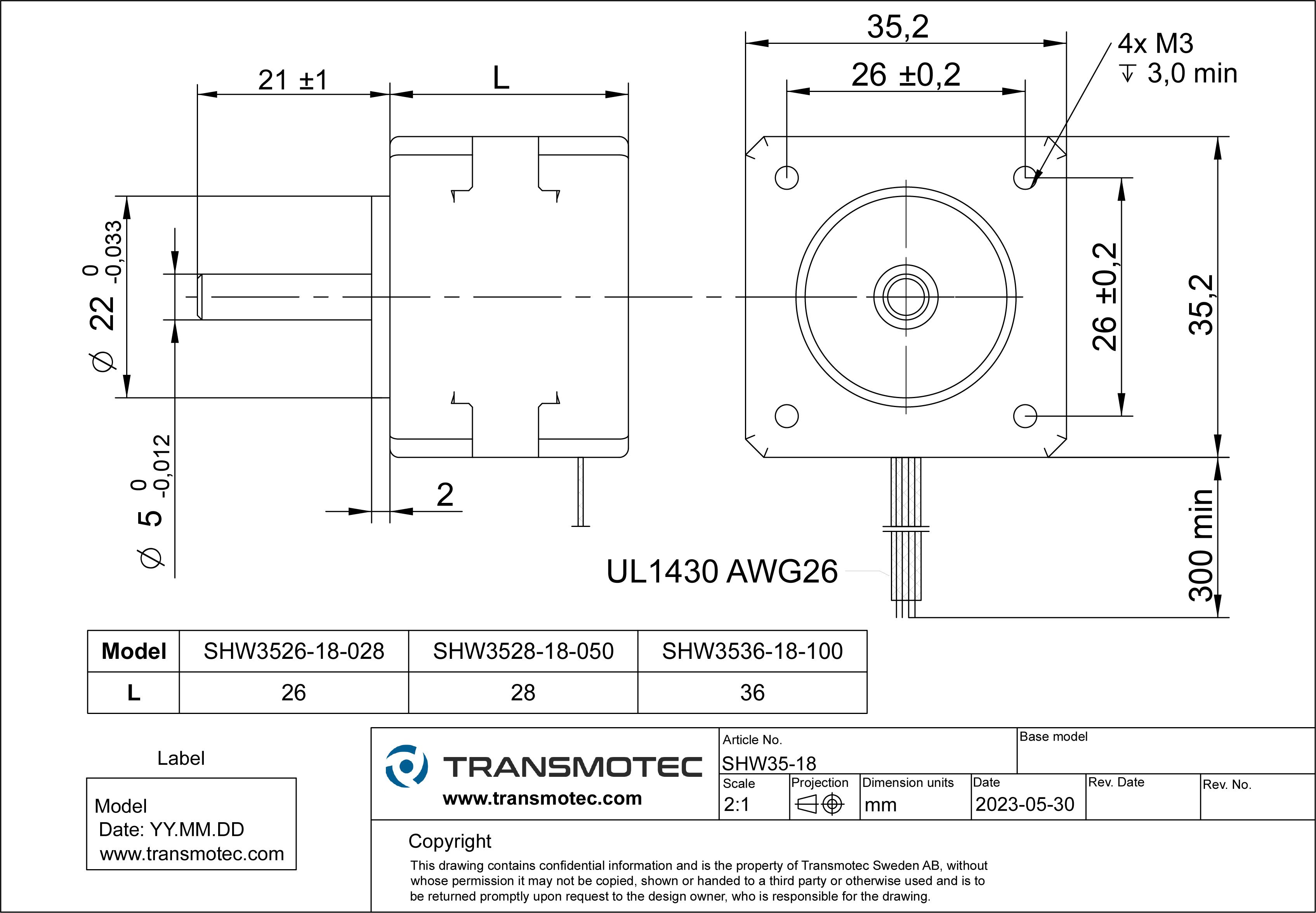 Stappenmotor 1,8° 70mNm 0,28A 35x35mm Kabel - Transmotec